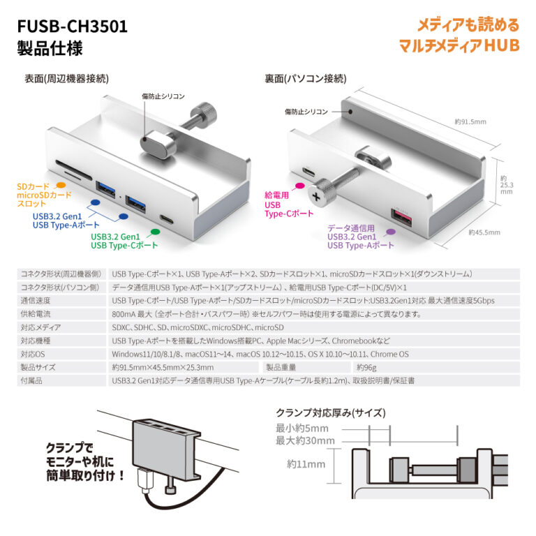 クランプ固定式 カードリーダ搭載USB3.2 Gen1 3ポートハブ FUSB-CH3501 – freedom
